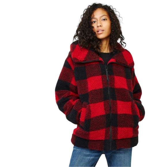 Roots | Jackets & Coats | Oversized Roots Park Red Plaid Sherpa Jacket ...